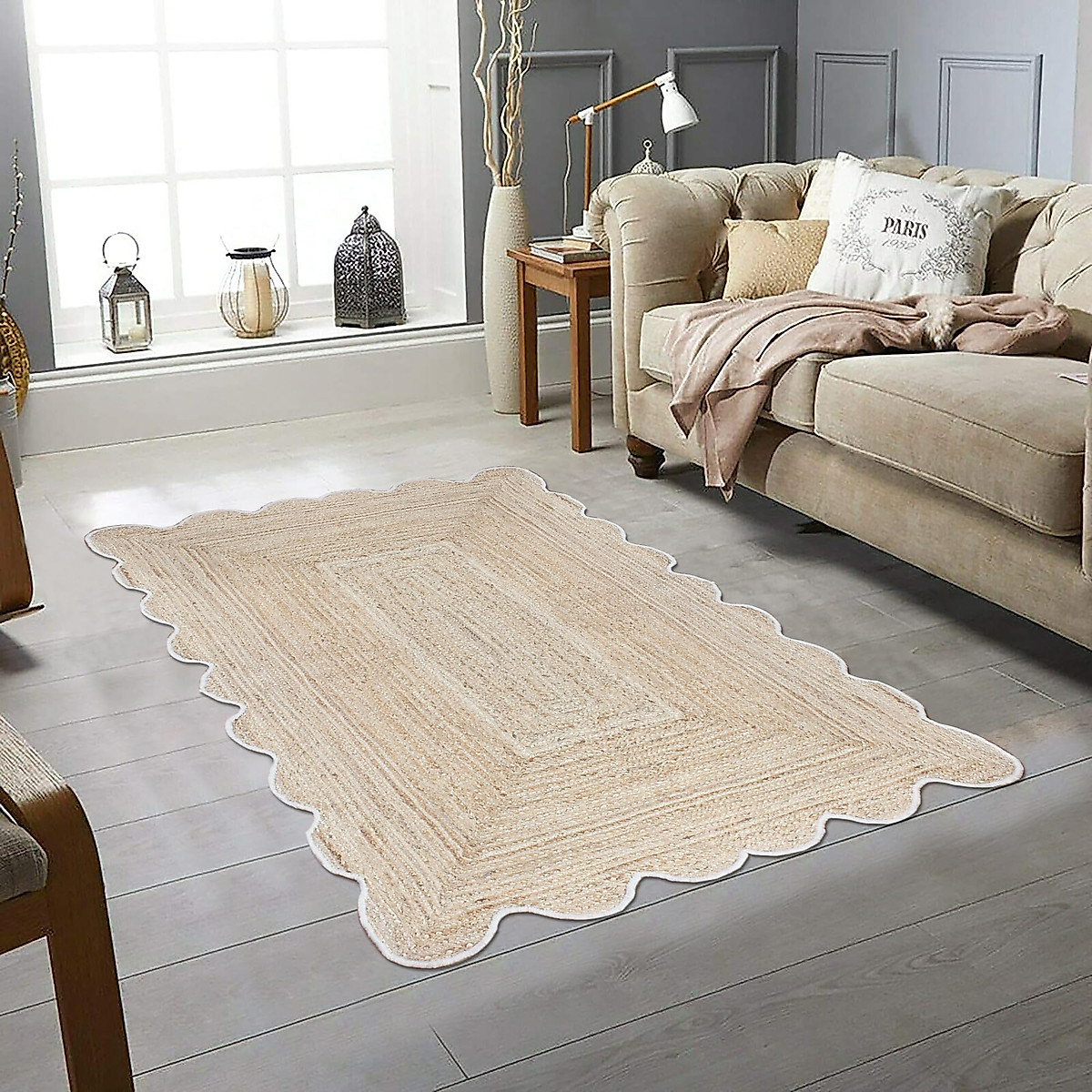 CASAVANI Scalloped Collection Rectangular Area Rug - 4' x 8', Beige Scallop Geometric Jute Rug Ideal for High Traffic Areas in Dining Room, Living Room, Bedroom