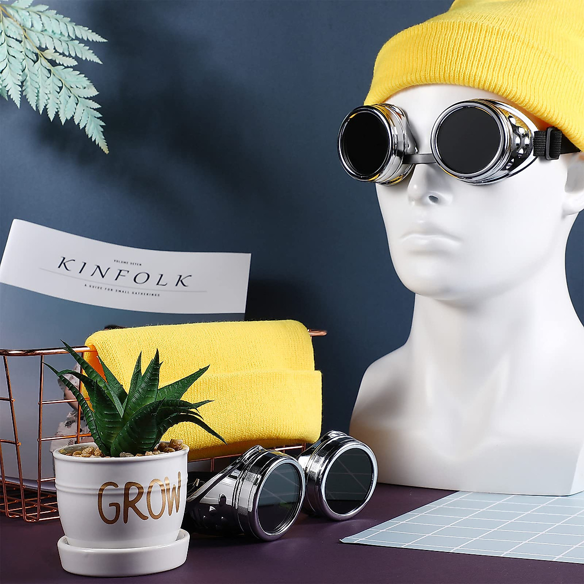 Geyoga Vintage Steampunk Goggles Halloween Cosplay Punk Sunglasses Yellow Beanie (2 Sets)