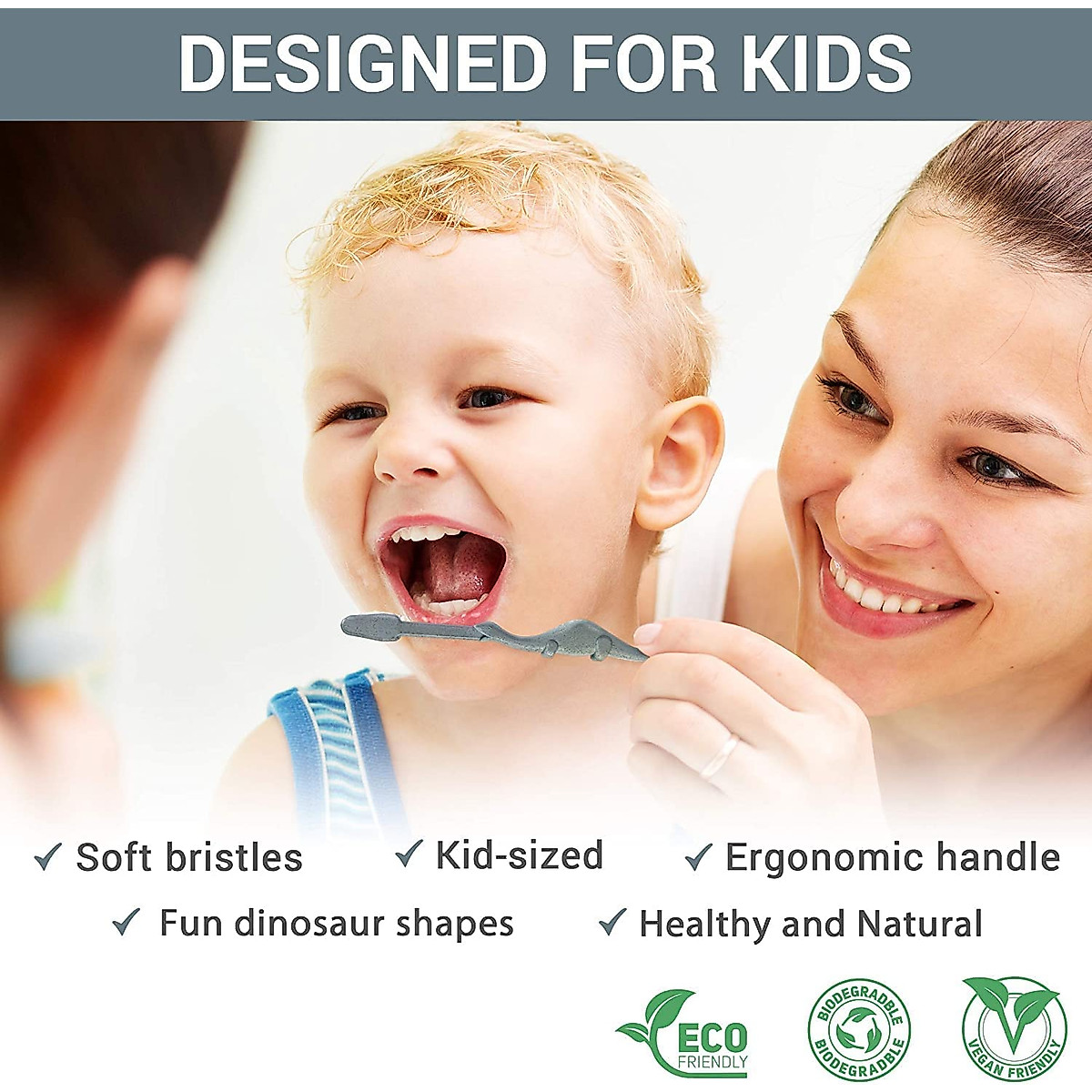 ROARex® All-Natural Eco Friendly Kids Toothbrush Made from Plants - Dinosaurs 4-36m - Baby to Toddler - Blue/Green - 4pk | 1% for The Planet Product