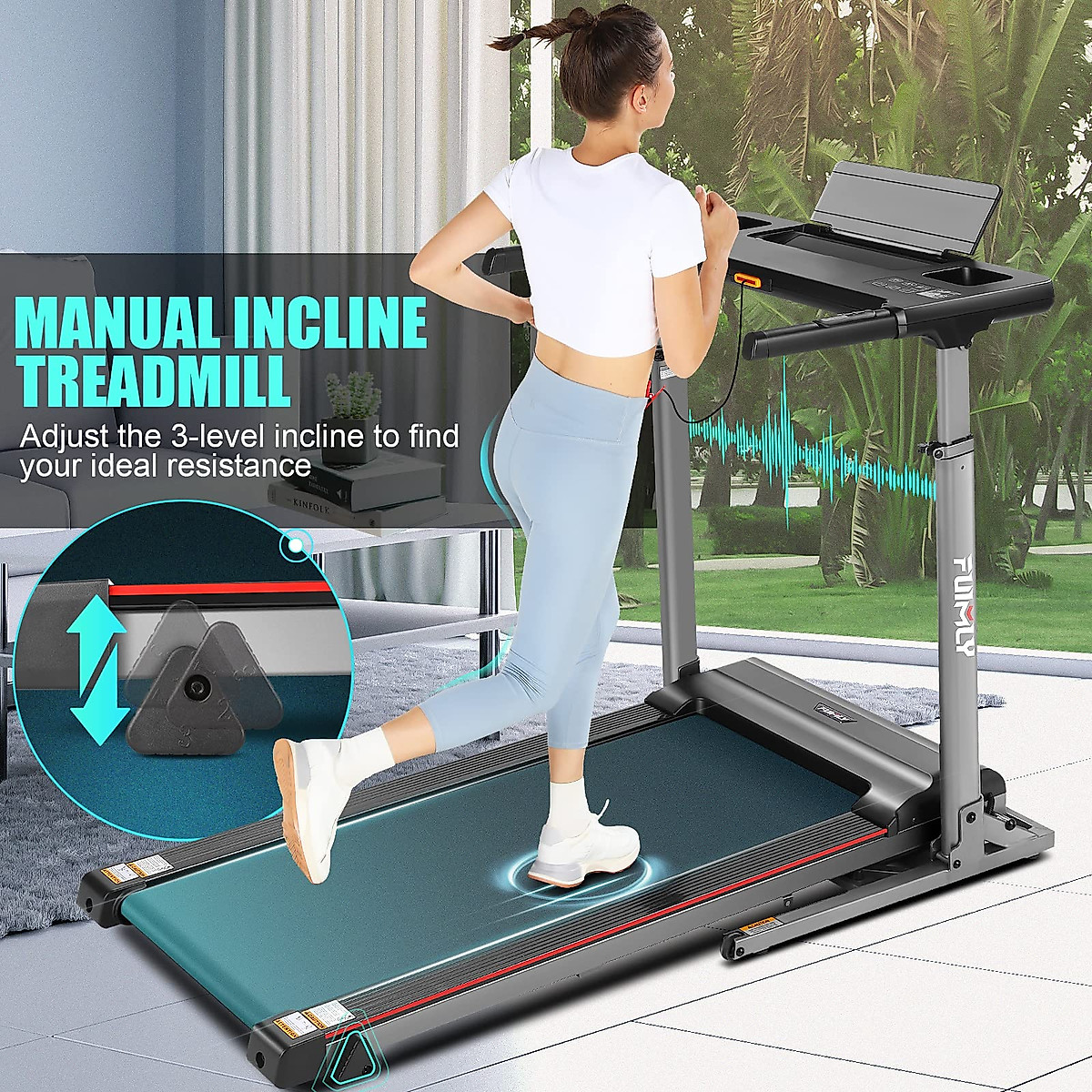 Folding Treadmill with Desk & Adjustable Height, 300 LBS Weight Capacity, Heavy-Duty Treadmill with Incline, Bluetooth Speaker & App Control, Electric Walking Machine Running Treadmill for Home