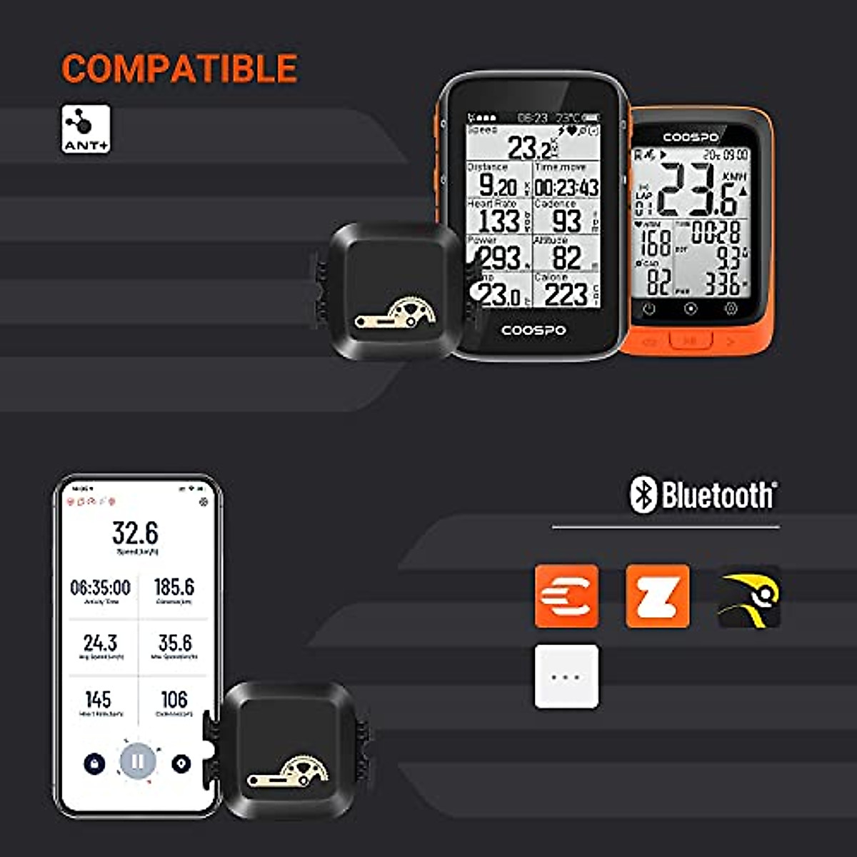 COOSPO Bike Computer Wireless GPS,Bike Speedometer with Auto Backlight, Bluetooth5.0 ANT Cycling GPS Computer,Bicycle Computer Wireless BC200 Bundle with CooSpo Cadence Speed Sensor …