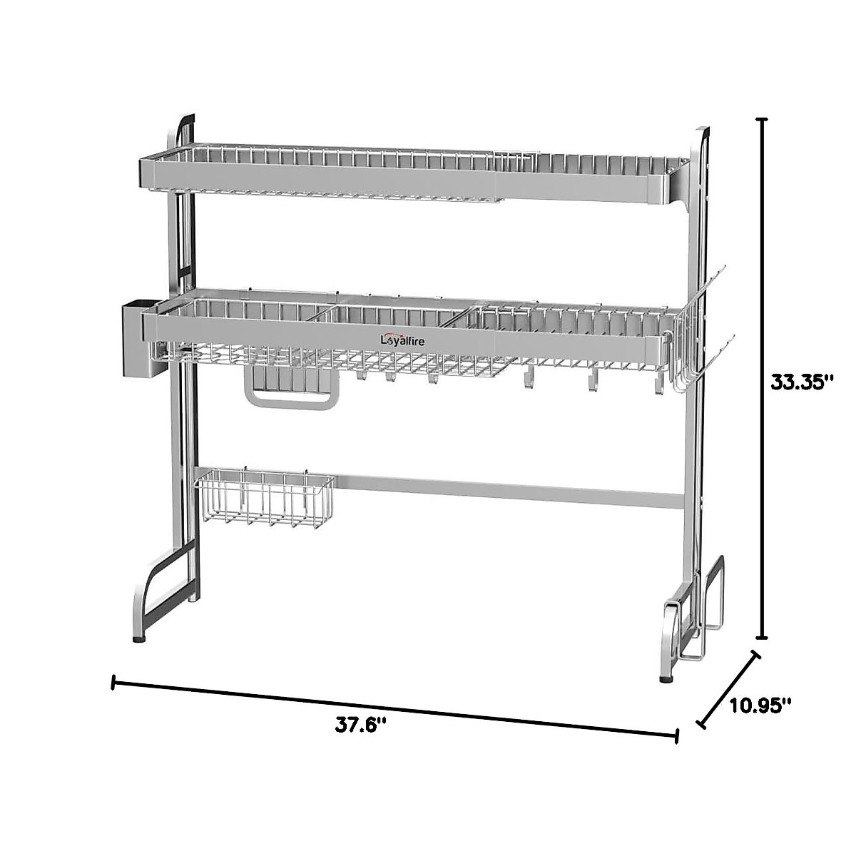 Loyalfire Over Sink Dish Drying Rack, 3 Tier Adjustable Length (20.87''~37.6'') Full Stainless Steel Large Storage Kitchen Dish Rack, Expandable Shelf Rack with Utensil Holder, Cup Hanging Set