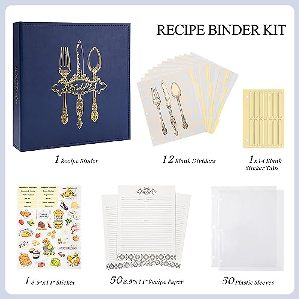 COFICE Recipe Binder – 8.5x11 3 Ring Blank Family Recipe Book Binder Kit to Write in Your Own Recipes with PU Faux Leather Cover and Plastic Sleeves (Navy Blue)
