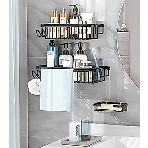 3Pack Shower Caddy, Shower Organizer with Soap Dish, No Drilling Shower Storage Wall Mount Rustproof Bathroom Organizer Shampoo Holder Kitchen Rack Adhesive Shower Shelves for Inside Shower Black