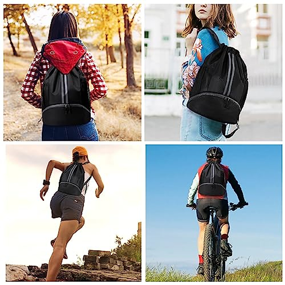 ZIXKUB Drawstring Backpack Gymbag Water Resistant Sports Sackpack with Zipper/Shoe Compartment/Wet Pocket/Mesh Pockets Gym Sack for Women Men Lightweight String Bag for Travel Soccer Swim, Black