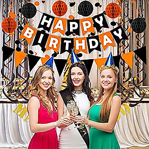 Fecedy Black Orange Happy Birthday Banner Paper Triangle Flag Bunting Circle Confetti Dots Hanging Garland and Honeycomb Ball Swirl Streamers for Birthday Baby Shower Halloween Party Decoration