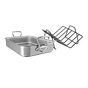 Mauviel M'Cook 5-Ply Polished Stainless Steel Roasting Pan With Rack, And Cast Stainless Steel Handles, 15.7 x 11.8-in, Made In France