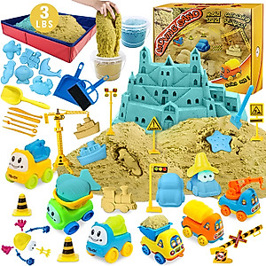 ESSENSON Play Construction Sand Kit - 3lbs Sand with 2 Colors, 6 Mini Construction Trucks, Construction Toys and Signs, Animal Mold, Modeling Tools, Foldable Sandbox, Gifts for Boys Girls