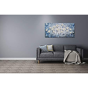 YHSKY ARTS Floral Canvas Wall Art Hand Painted Blue and White Heavy Textured Painting Modern Abstract Flower Pictures Contemporary Artwork for Living Room Bedroom Office Decoration