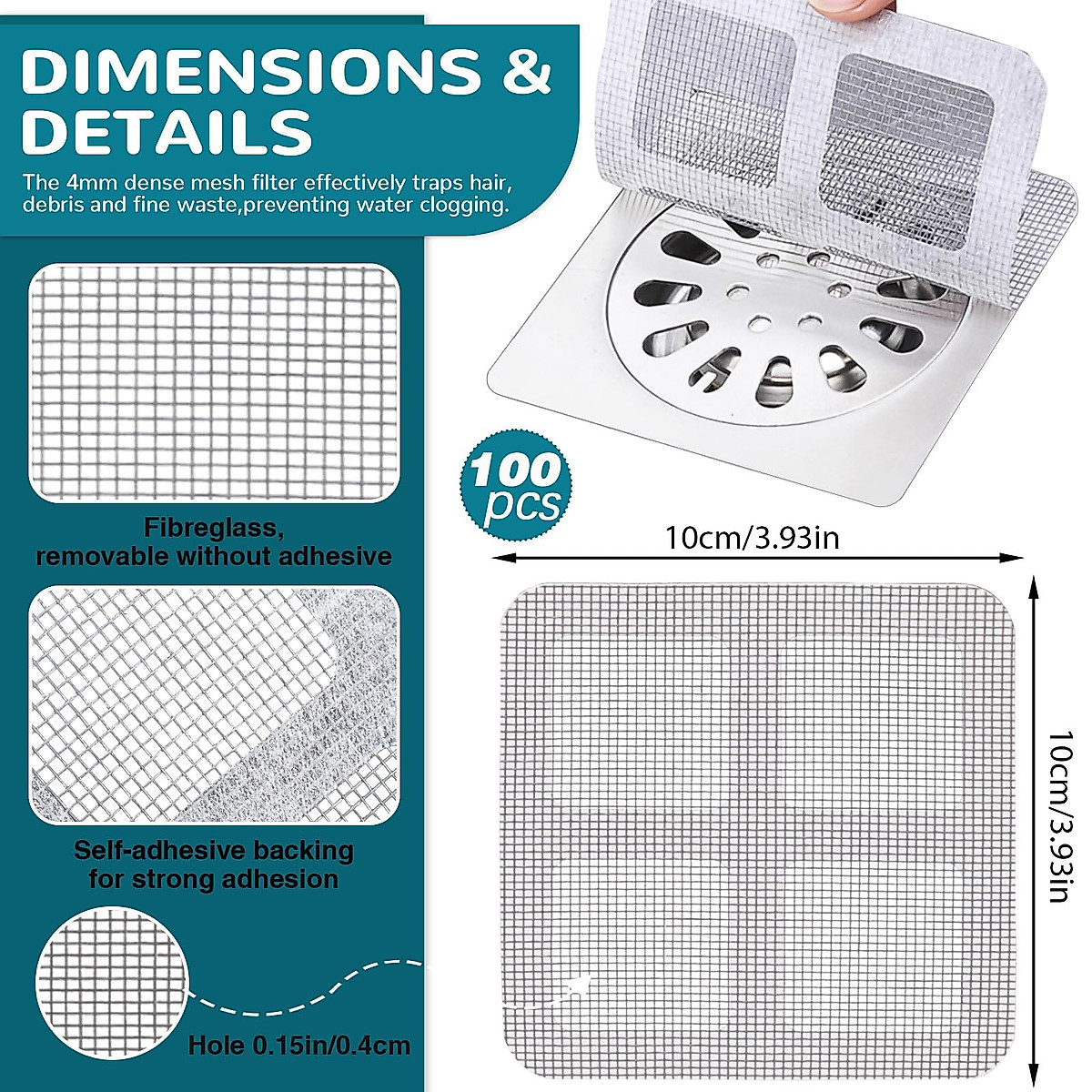 100pcs Shower Drain Hair Catcher, 4 Inch Square Bath Tub Drain Strainer, Bathtub Drain Cover for Kitchen Bathroom (Square 100Pcs)