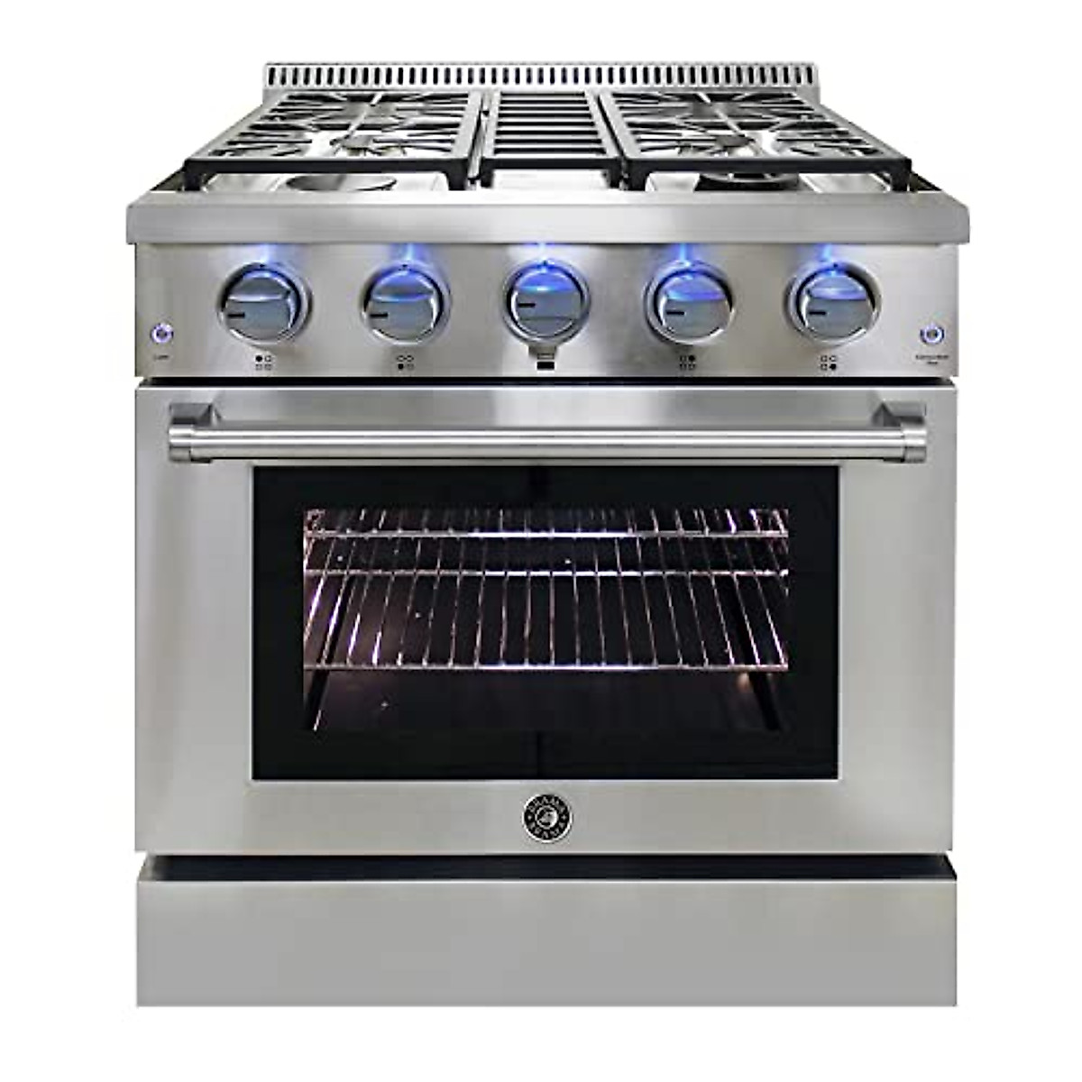 BRAMA Gas Range with 4 Burner Cooktop, Freestanding 30-Inch with Porcelain Convection Oven and Broil Function, Continuous Grates with Stainless Steel Construction, 4.2 Cu.Ft., Metallic