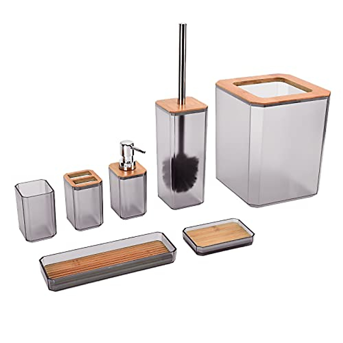 FIYO 7 Pcs Bamboo Bathroom Accessories Set, Bath Accessories Set with Soap Dish, Toothbrush Holder, Cup, Soap Dispenser, Trash Bin, Toilet Brush with Holder for Home Hotel(Grey)