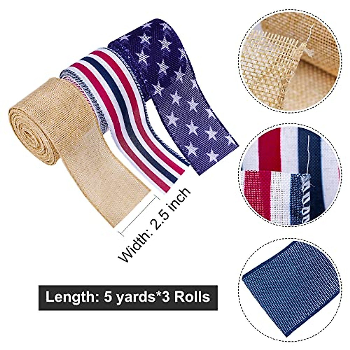 Patriotic Burlap Ribbon Wired 4th of July Red White Blue Star Ribbons American Flag Ribbon for Memorial Day, Veteran's Day, 2-1/2 inch 5 Yards*3 Rolls