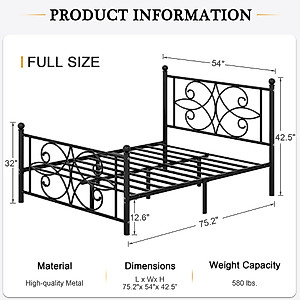 VECELO Full Size Bed Frame with Headboard, Heavy-Duty Platform with Metal Support Slats, Strong Mattress Foundation, No Box Spring Needed, Matte Black