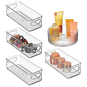 mDesign Small Plastic Stackable Bin with Handles and 9" Fluted Lazy Susan Turntable Plastic Spinner Combo Set for Organization in Bathroom, Closet, Cabinet, or Vanity Countertop - Set of 5 - Clear