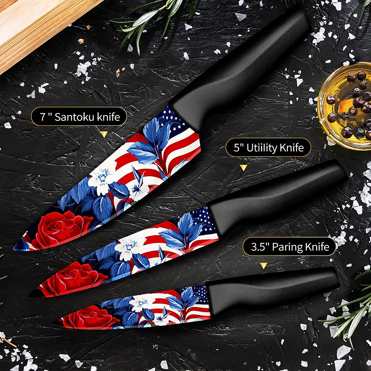 Knife Set, 6-Piece Kitchen Knife Set, German Stainless Steel, Dishwasher Safe, Beautiful Unique Gifts, Freedom, Equality and Justice Patterns