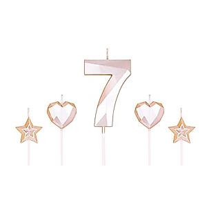 Rose Gold Number 7 Candles and Star Heart Candles 2.76 inch Number Candles for Birthday Cakes 3D Diamond Shaped for Cake Decorations(Rose Gold Candle 7)