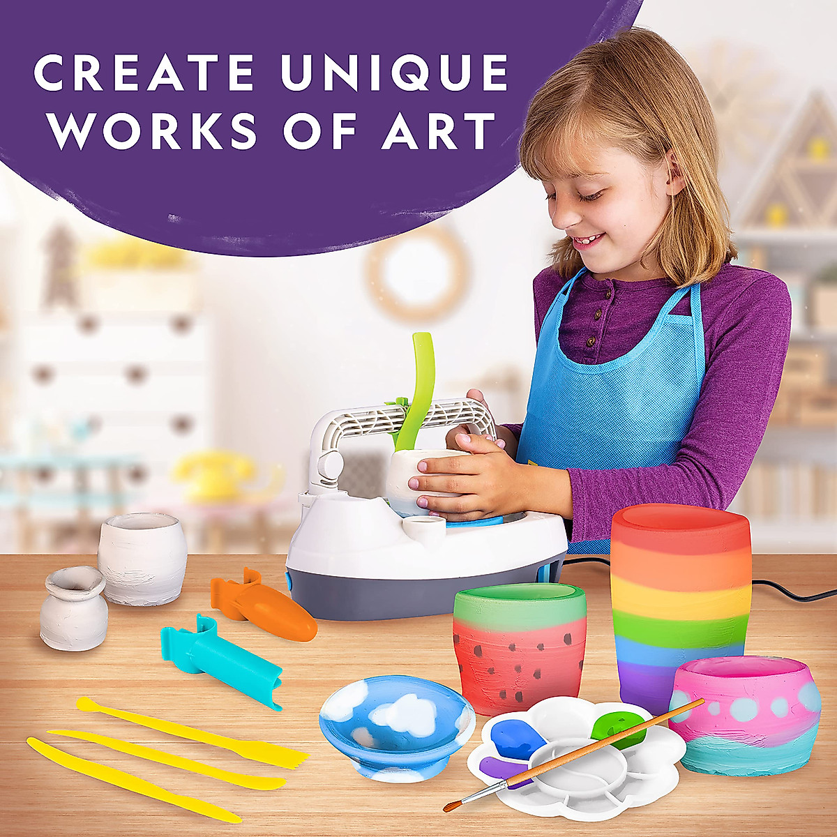 NATIONAL GEOGRAPHIC Kid’s Pottery Wheel – Complete Pottery Kit , Plug-In Motor, 2 lbs. Air Dry Clay, Sculpting Clay Tools, Apron & More, Patent Pending, Amazon Exclusive Craft Kit