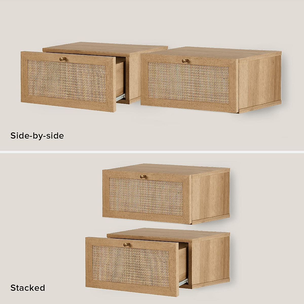 mopio Hannah Floating Nightstand, Natural Rattan Farmhouse Boho Wall Mounted Space Saving Bedside Tables, Nightstands, Drawer with Spacious Storage, for Bedroom, Living (Single)