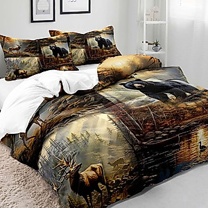 VIVIHOME 3PCS Black Bear Deer Bedding Set, Woodland Animals Elk Moose Wildlife Hunting Country Lodge Cabin Duvet Cover Set, Rustic Farmhouse Comforter Cover with 2 Pillowcases, Soft Microfiber, Queen