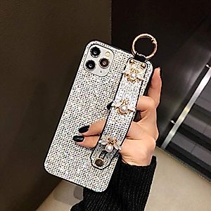 Aowner iPhone 14 Pro Max Case - Glitter Bling Stand, Luxury Hand Strap, Sparkle Pearl Bee Wrist Bracket, Silver