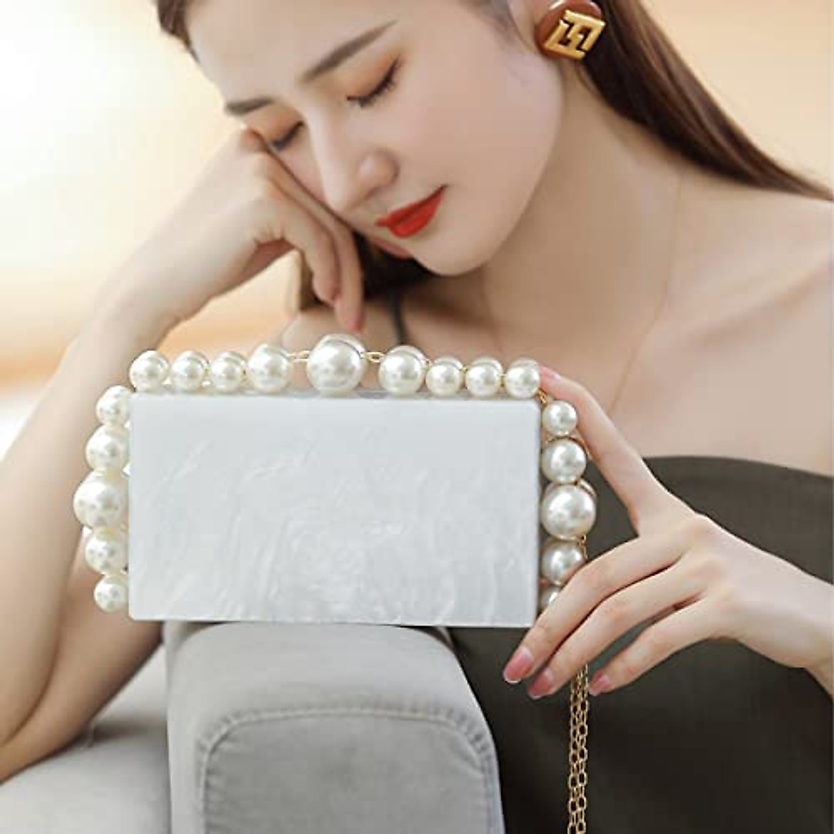 Acrylic Evening Clutch Bag for Women Pearl Acrylic Clutch Bag Glitter Marble Purse Handbag for Wedding Cocktail Party Prom (White)
