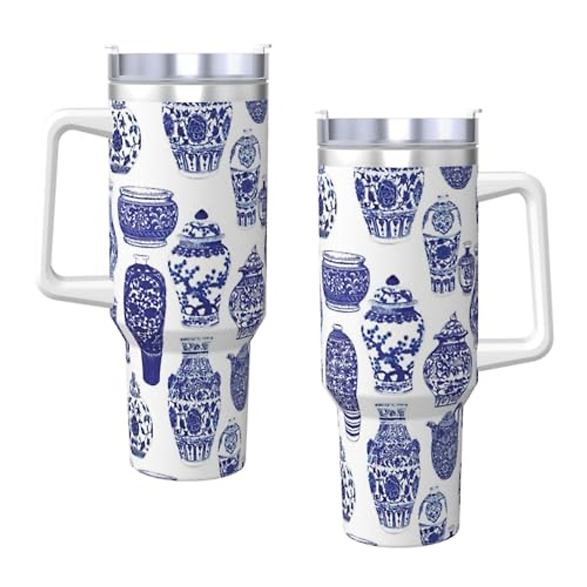 Xiexide 40oz Fits Cup Holder Sports Blue And White Porcelain Chinese Style Chinoiserie Antique Double Walled Vacuum Insulatedith Handle And Straw,Hot & Cold Drinks