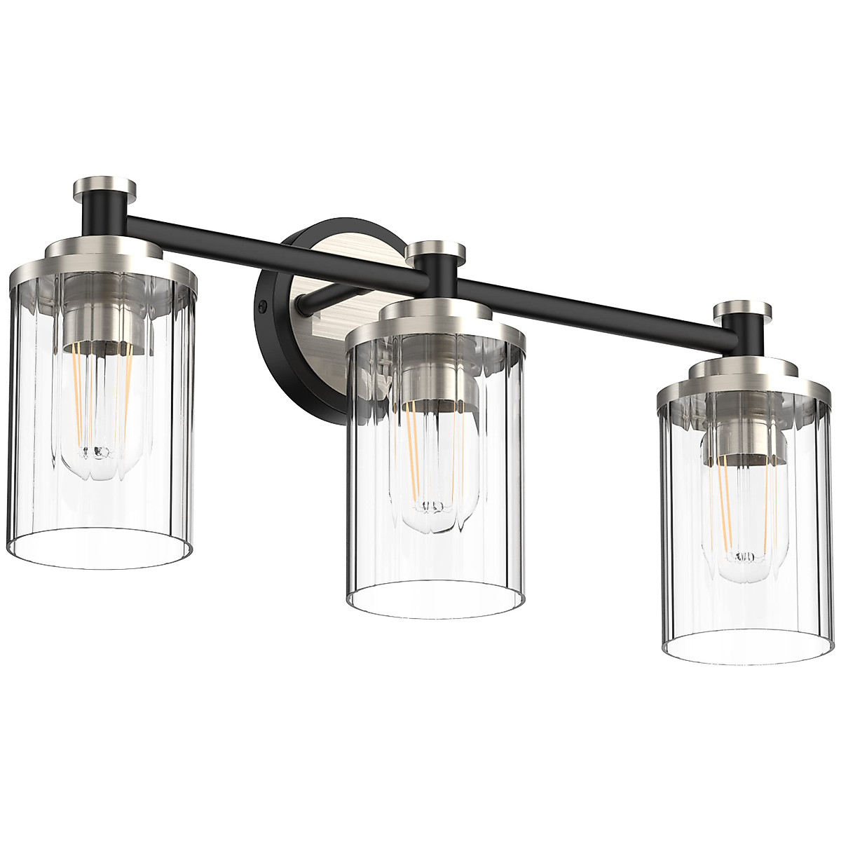 PHIXART Bathroom Lighting Fixtures Black and Brushed Nickel Bathroom Vanity Light with Cylindrical Clear Stripes Glass Lampshade E26 Socket Base Bathroom Lighting Fixtures Over Mirror (3 Lights)