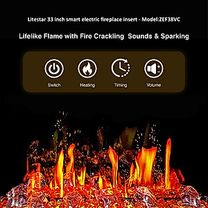 Litedeer Homes LiteStar 38" Smart Electric Fireplace Insert with App, Crackling Fire Sounds, Diamond-Like Crystal, Black - ZEF38VC-C
