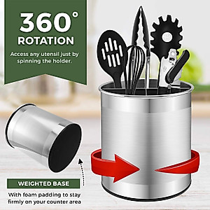 Bartnelli Extra Large Stainless Steel Kitchen Utensil Holder - 360° Rotating Utensil Caddy - Weighted Base for Stability - Countertop Organizer Crock With Removable Divider (Brushed Stainless Steel)