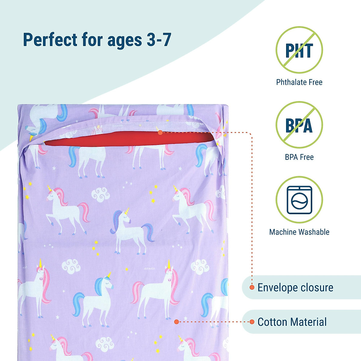 Wildkin Kids Nap Mat Cover – Soft, Sewn-in Flap, Durable & Fits 1.5"" Vinyl Sleep Mats - Unicorn