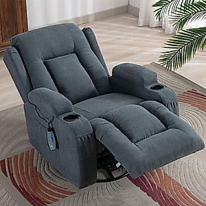OBBOLLY Swivel Rocker Recliner Chair with Massage, Manual Glider Rocking Recliner Chair, Wingback Design 360° Swivel Chair with Lumbar Pillow, Cup Holders for Living Room (Set of 2, Blue Grey-Linen)