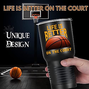 Basketball Gifts, Basketball Gifts for Coach, Basketball Lovers, Dad, Son, Man, NBA Teammates on Birthday - Life Is Better On The Court - Onebottl Stainless Steel Tumbler 30Oz - Black