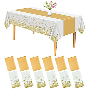 PLULON 12Pack Plastic Tablecloth and Satin Table Runner Set White and Gold Dot Rectangle Table Cover Gold Satin Table Runner for Wedding Birthday Baby Shower Picnic Kitchen Dinning Table Decorations