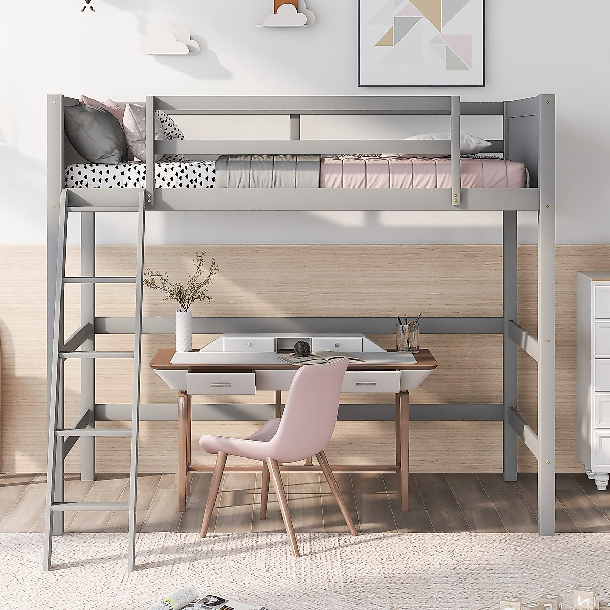 Harper & Bright Designs Twin Loft Bed Wood Loft Bed Frame with Full-Length Guardrails and Angel Ladder for Kids Boys Girls Teens, Gray