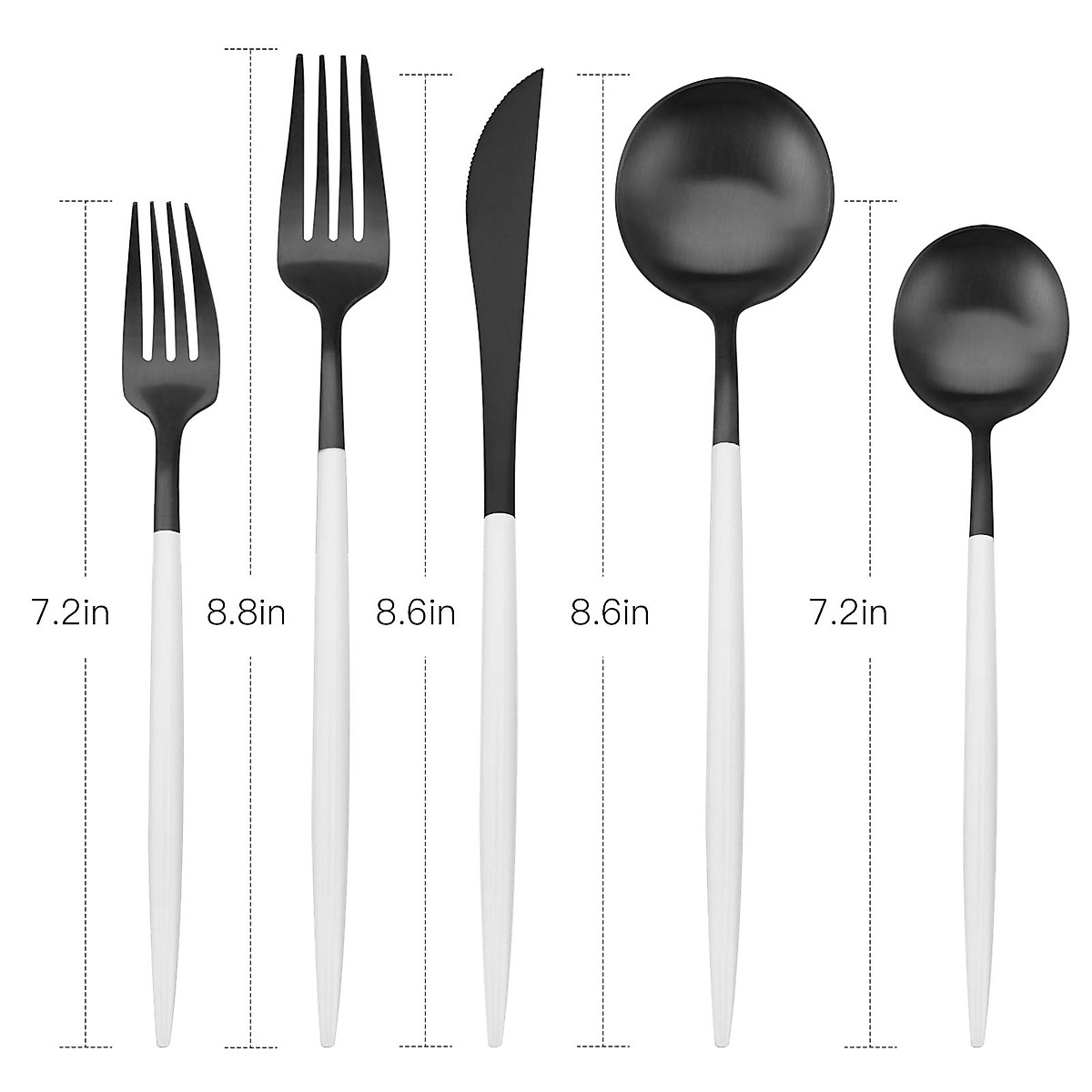 Matte Black Silverware Set with white handle, Bysta 5-Piece Stainless Steel Flatware Set, Kitchen Utensil Set Service for 1, Tableware Cutlery Set for Home and Restaurant, Dishwasher Safe