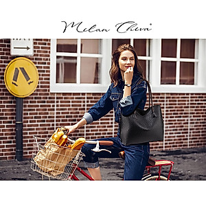 Milan Chiva Leather Tote Bag for Women with Zipper Large Ostrich Hobo Purse Shoulder Purses and Handbags Black MC-1038BK