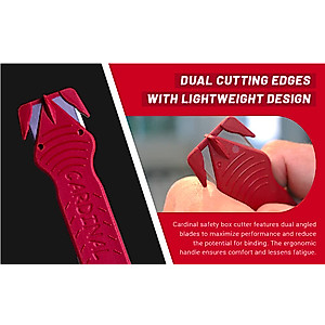 Cardinal Safety Box Cutter with Concealed Stainless Steel Blade, Package Opener Plastic Cutter for Box, Carton, Shrink Wrap, Plastic Straps (Red, Pack of 5)