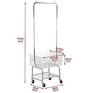 Yaheetech Rolling Laundry Bakset with Wheels, Laundry Cart with Hanging Rack, Metal Laundry Hamper Basket Butler Cart with Wheels and Wire Storage Rack, Silver