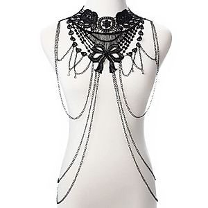 Yovic Gothic Black Body Chain Sexy Lace Shoulder Necklace Chain Layered Rhinestone Bra Chain Rave Prom Costume Party Body Jewelry for Women