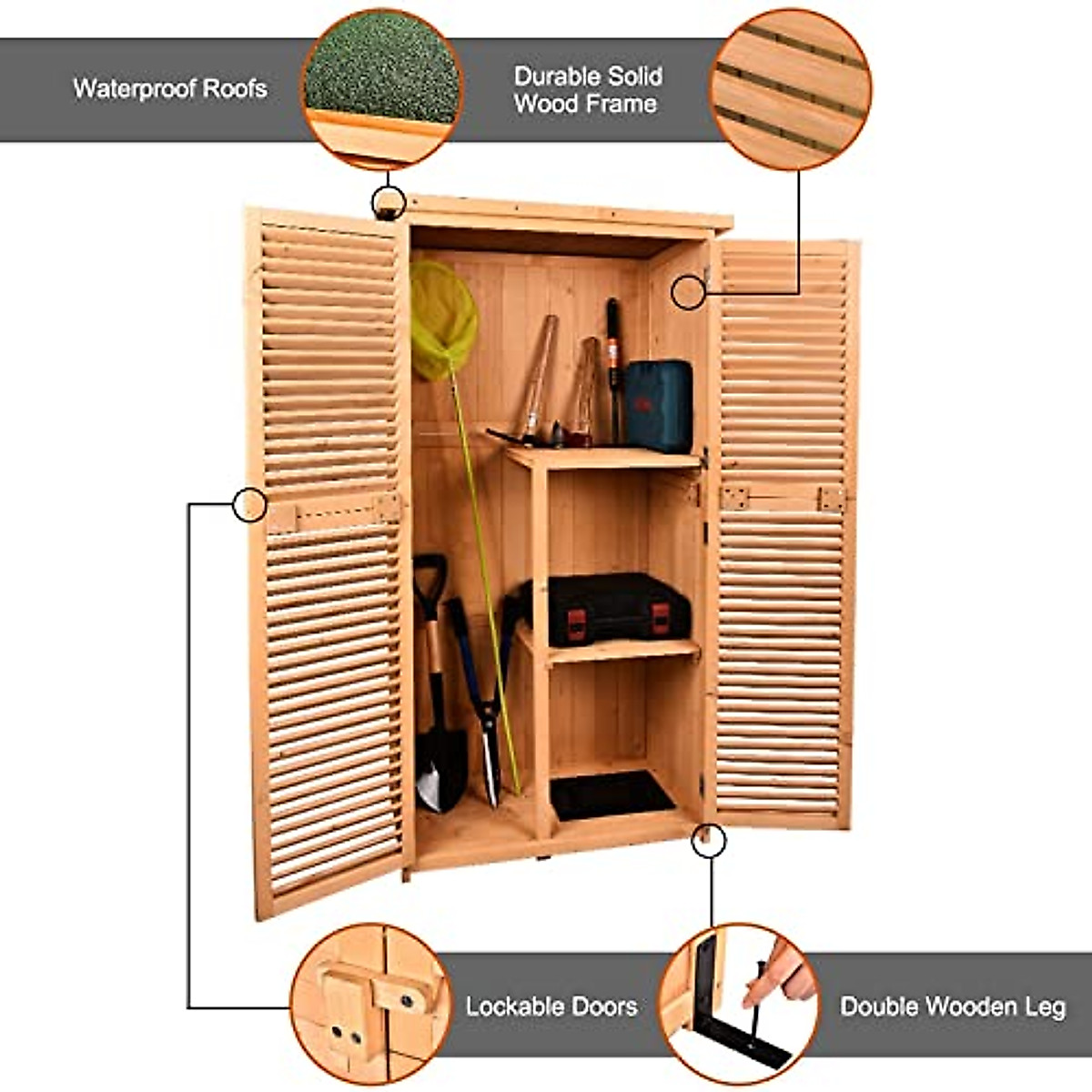 JOVNO Outdoor 63" Wood Storage Shed Tool Organizer Garden Storage Cabinet with Waterproof Roof, Lockable Doors, 3-Tier Shelves for Patio Lawn Backyard Home Garage