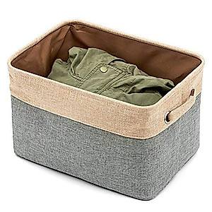 EZOWare Set of 3 Canvas Fabric Tweed Storage Organizer Cube Set W/Handles for Nursery Kids Toddlers Nursery Room - 15 L x 10.5 W x 9.4 H -Gray/Brown