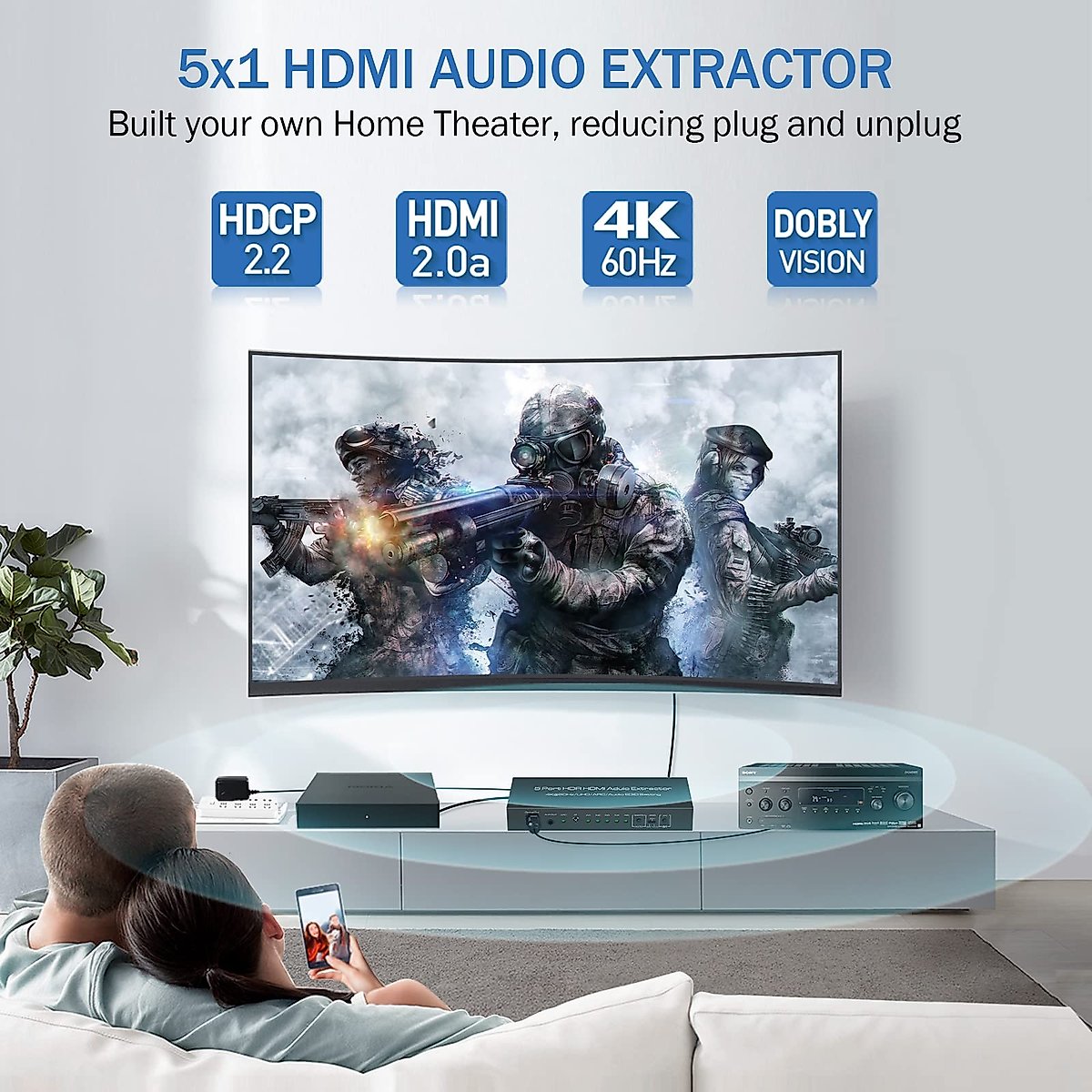4K@60Hz HDMI Switch 5x1 with Audio Extractor, avedio links 5 Port HDMI Switcher with Optical SPDIF + 3.5mm Audio, 5 in 1 Out HDMI Audio Selector Switch Box with Remote Support HDR10 ARC 18Gbps HDCP2.2