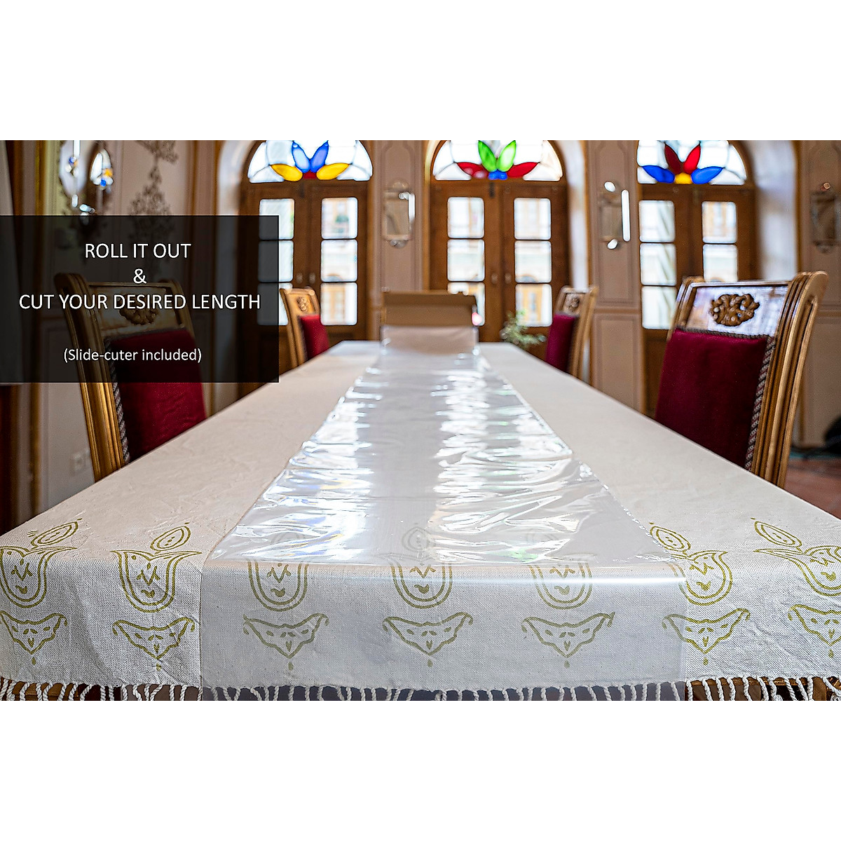 Neatiffy 62 in x 100 ft - Clear Disposable Plastic Table Cloth Roll with Slide Cutter | Waterproof Covers Any Size or Shape