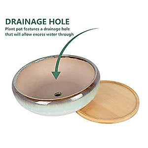 SQOWL 7 Inch Ceramic Succulent Planter Pot with Drainage Hole Drip Glazed Binsai Pot with Bamboo Tray for Indoor Plants