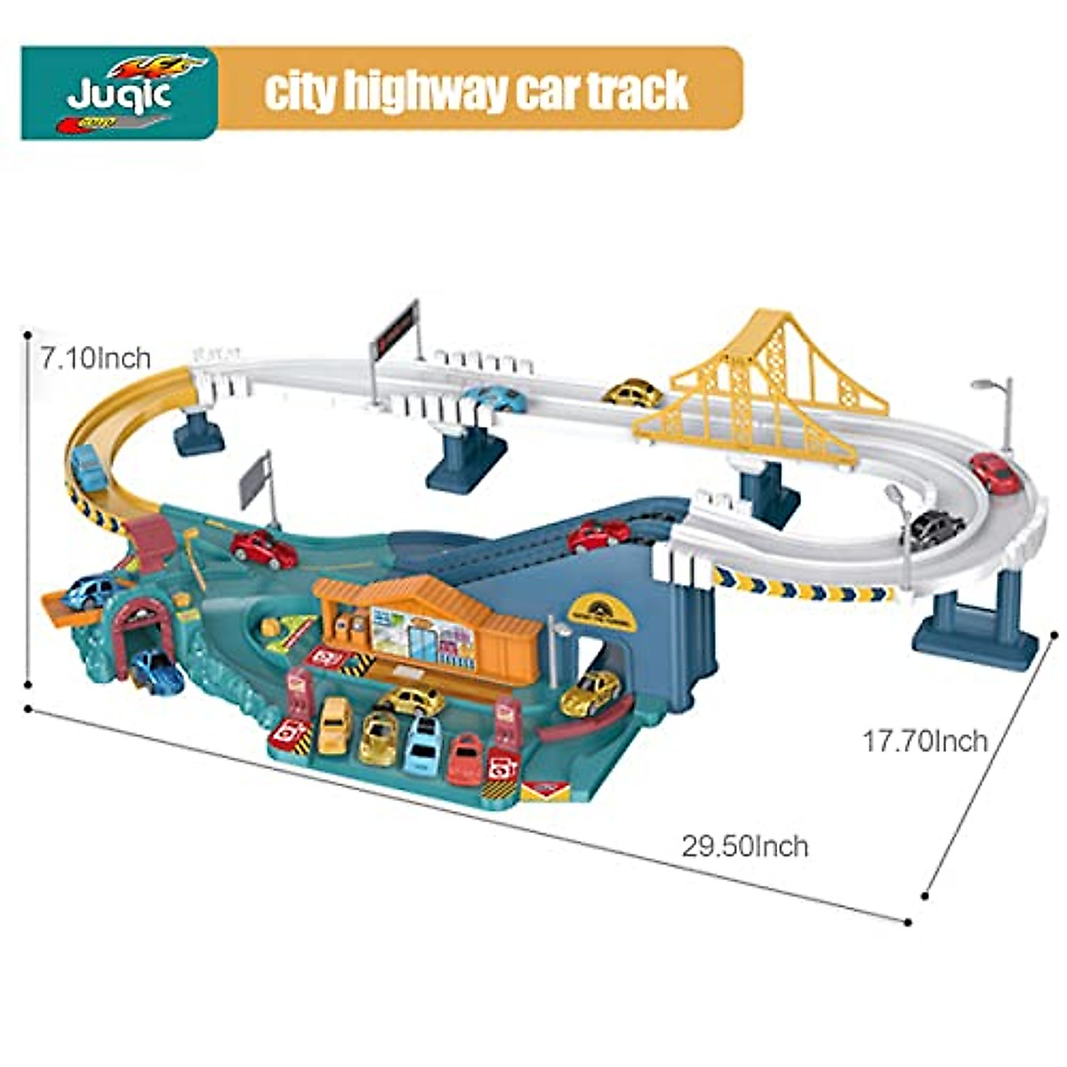 Juqic Car Playset Toy Ramp Track Set Model Vehicles Racer Cars Play Set with 8 Mini Racer Cars and 4 Dinosaur Cars Track for Preschool Boys Gifts for Kids Ages 3 Years or Older Children (City Highway)