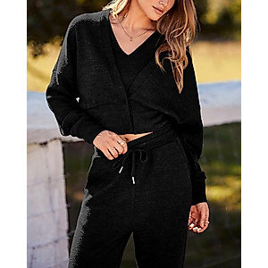 BTFBM Women's Summer 3 Piece Outfits Ribbed Knit Cardigan Cropped Tank Tops Wide Leg Pant Tracksuit Lounge Matching Sets(Solid Black, Medium)
