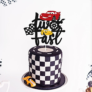 Two Fast Cake Topper Race Car 2nd Cake Decoration for Racing Car Checkered Flag Themed Kids Boy Girl 2 Years Old Happy 2s Birthday Party Supplies Double Sided