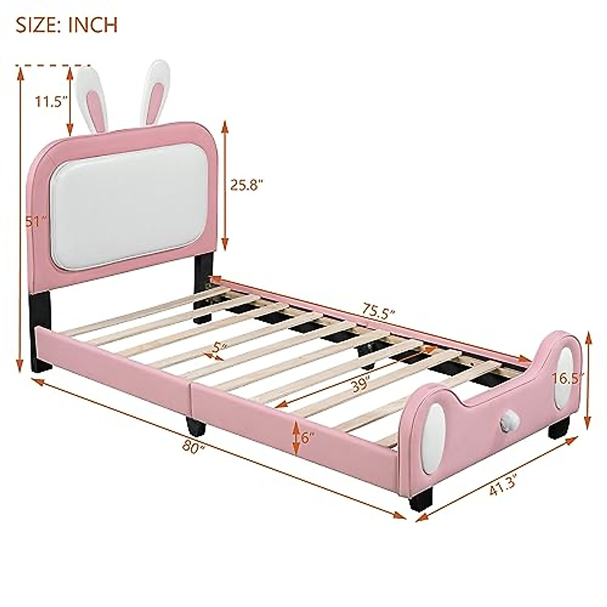 Bellemave Twin Size Upholstered Rabbit-Shape Princess Bed,PU Upholstered Twin Platform Bed with Slat Supports, Kids Twin Size Bed Frame for Boys Girls(White+Pink)