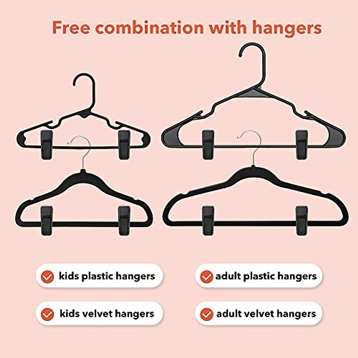 HOUSE DAY Plastic Hanger Clips, Strong Pinch Grip Clips for Use with Slim-line Clothes Hangers, Finger Clips (100Pcs Black)